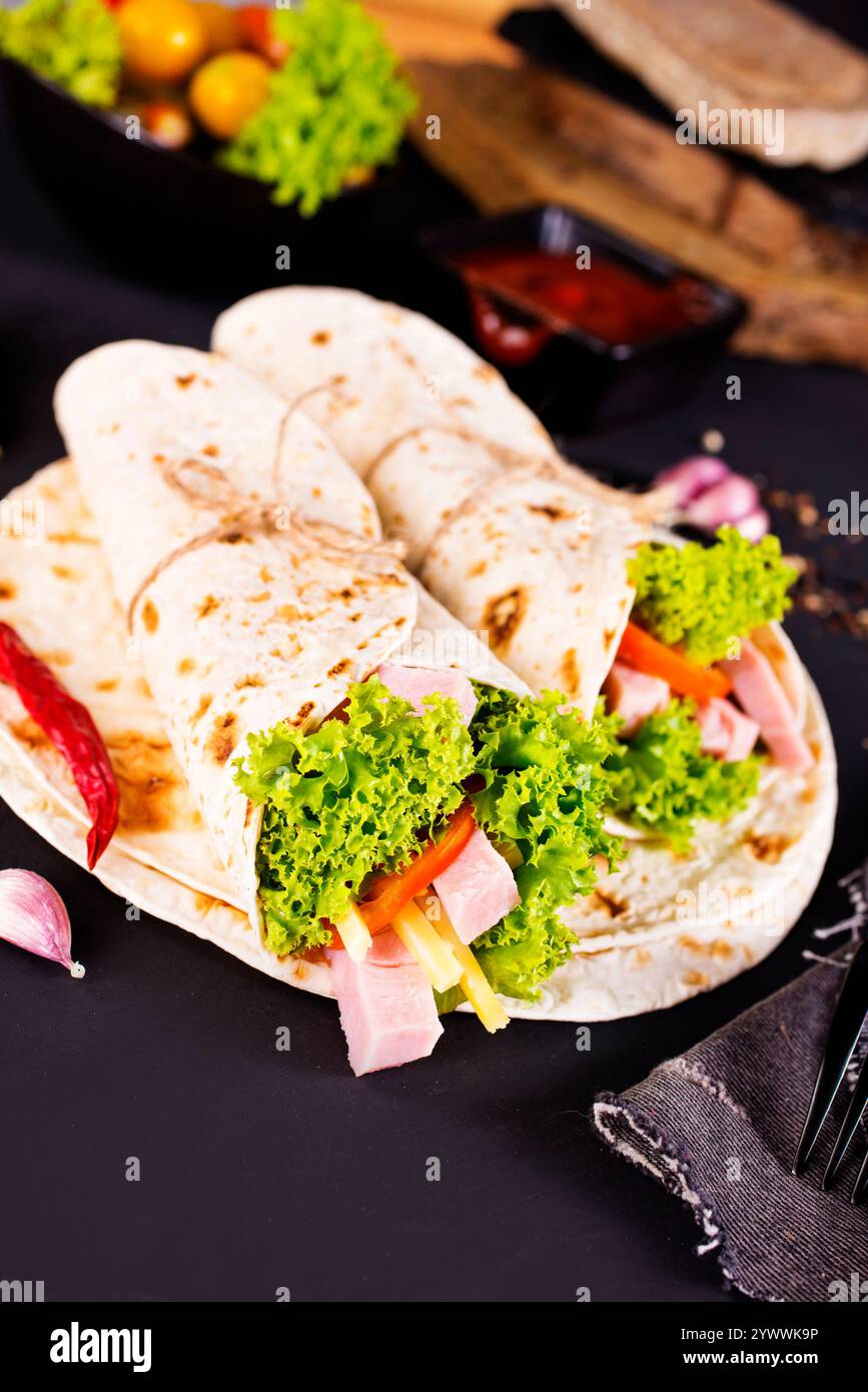 Traditional Middle Eastern snack. Fresh shawarma with ham, pork ...