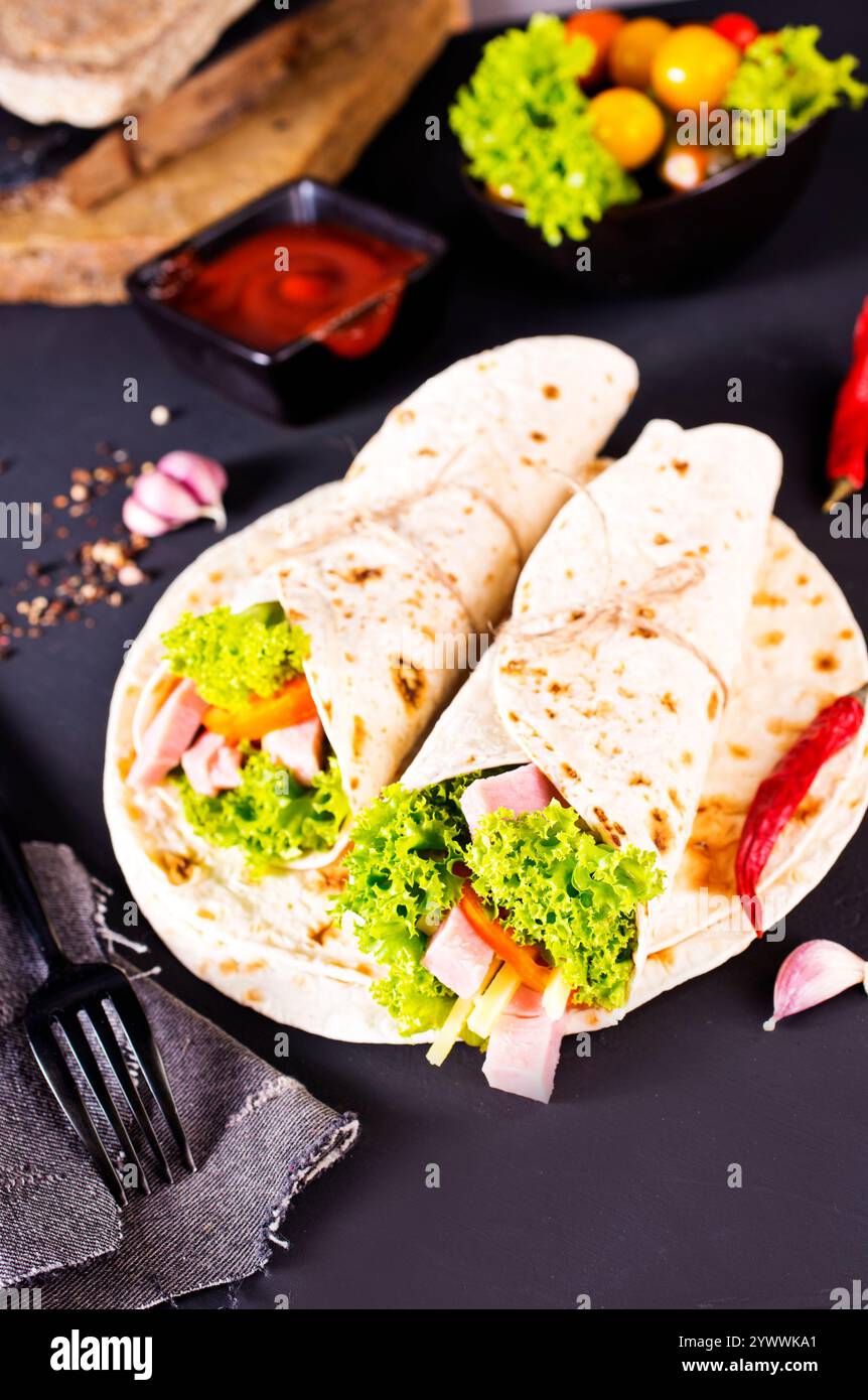 Traditional Middle Eastern snack. Fresh shawarma with ham, pork ...