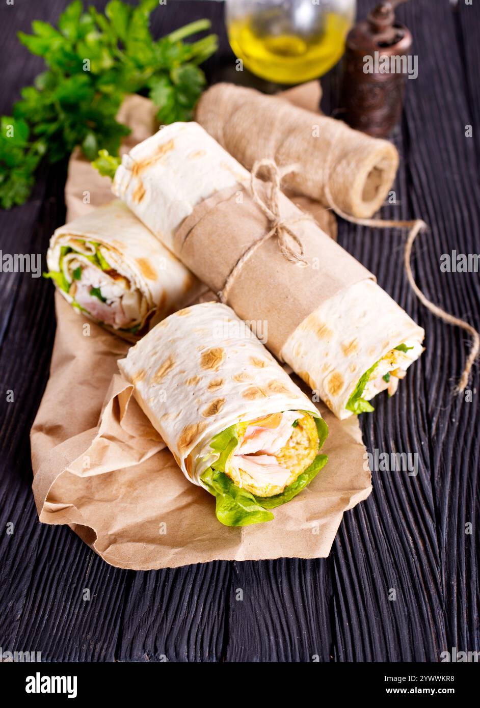 Traditional Middle Eastern snack. Fresh shawarma with ham, pork ...