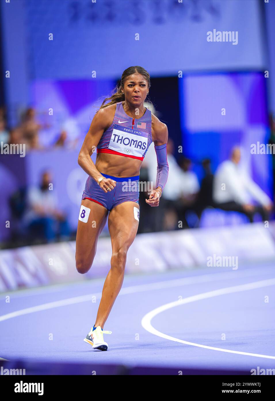 Gabrielle Thomas participating in the 200 meters at the Paris 2024 ...