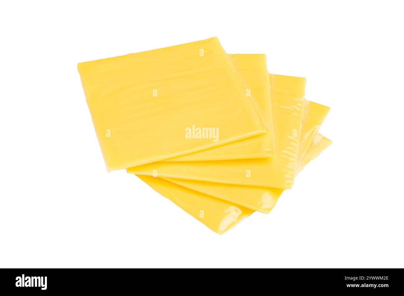 Square Slices of processed Cheddar cheese in individual plastic ...