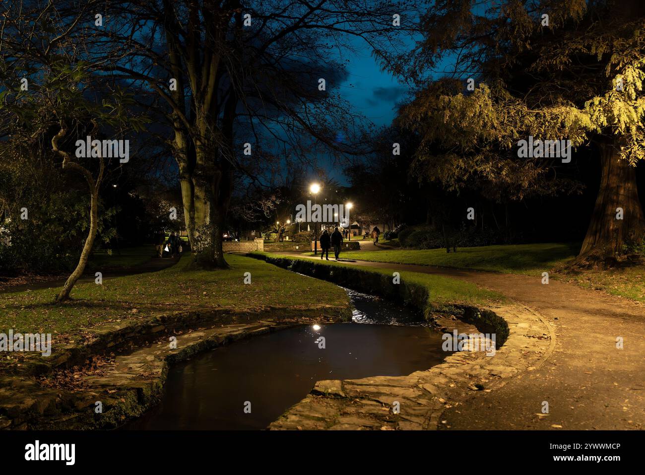 The historic Trenance Gardens at night in Newquay in Cornwall in the UK ...