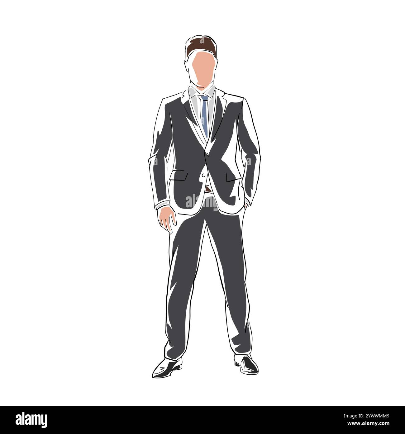Business man standing in dark suit, line art, isolated vector drawing ...