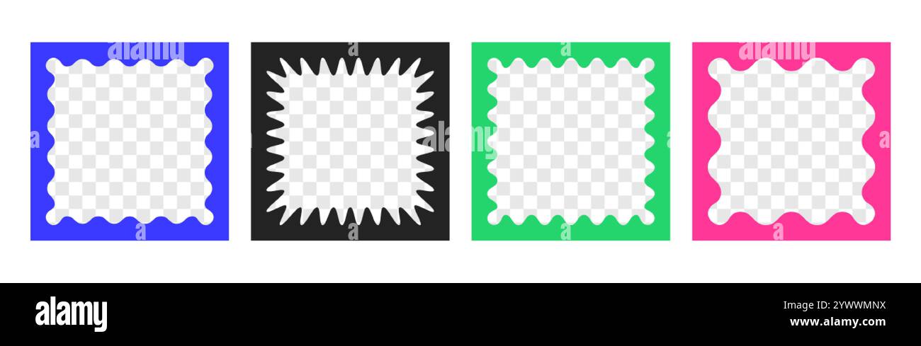 Vector set of doodle colored frames with scallop edges. Jagged wavy ...