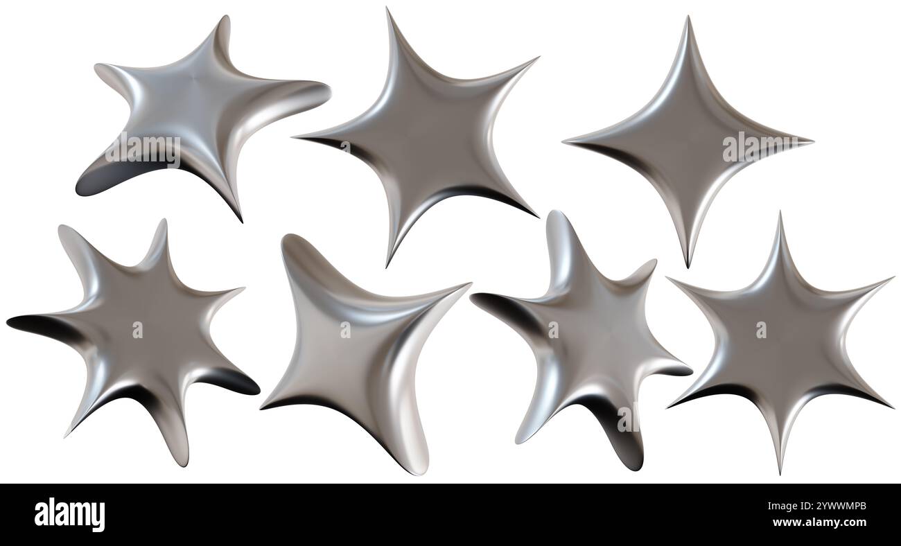 Set of 3D chrome stars with sharp, futuristic design, isolated on white ...