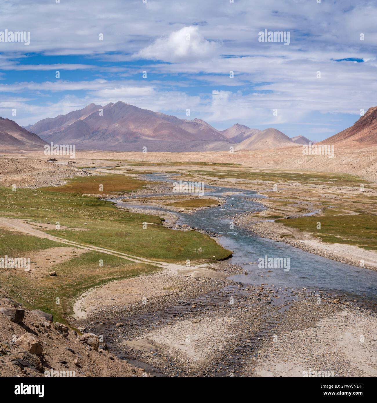 Colorful mountain landscape view on Pamir Highway of Ak Baital river in ...