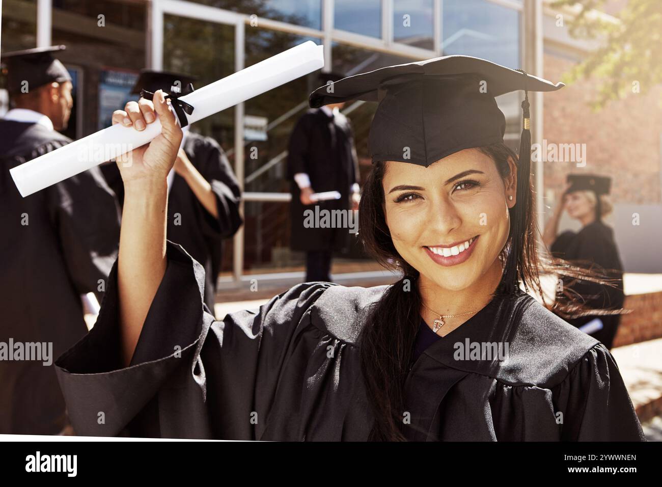 Portrait, graduation and happy woman with certificate at university for ...