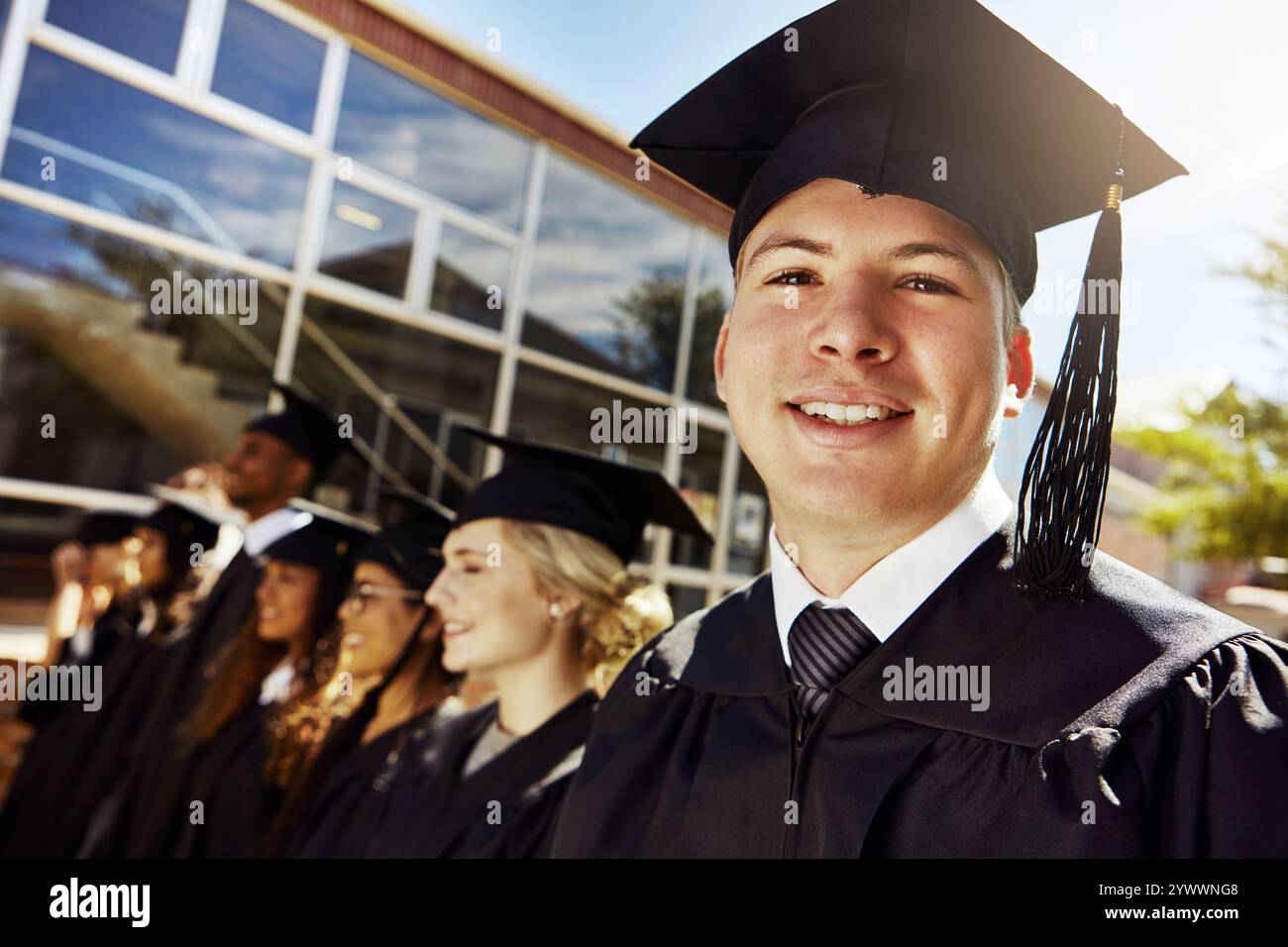 Smile, man and portrait with graduation outdoor for education diploma ...