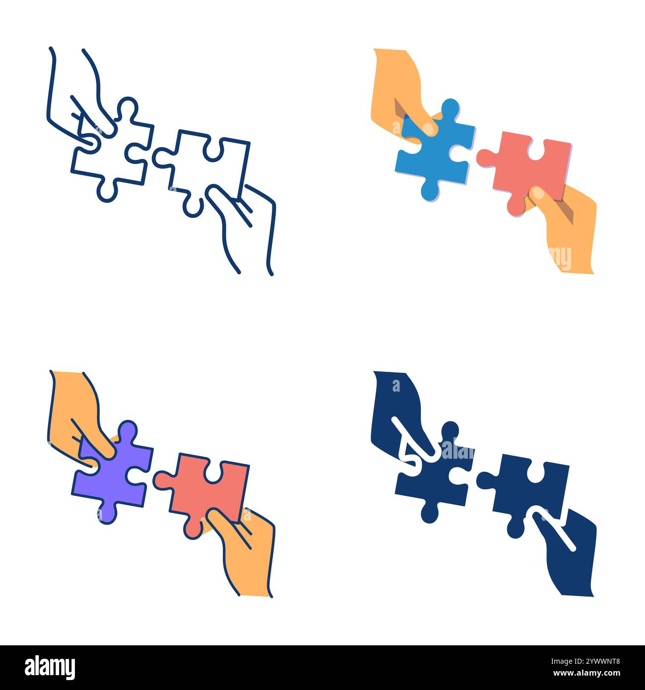 Making puzzle together icon set in flat and line style. Connection, teamwork, problem solving ...
