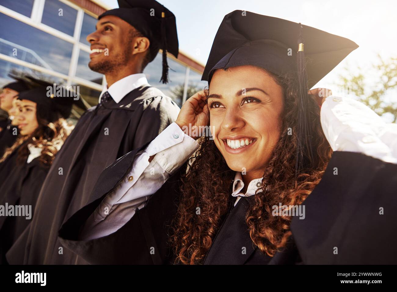 Graduation, smile and class with woman in college for success ...