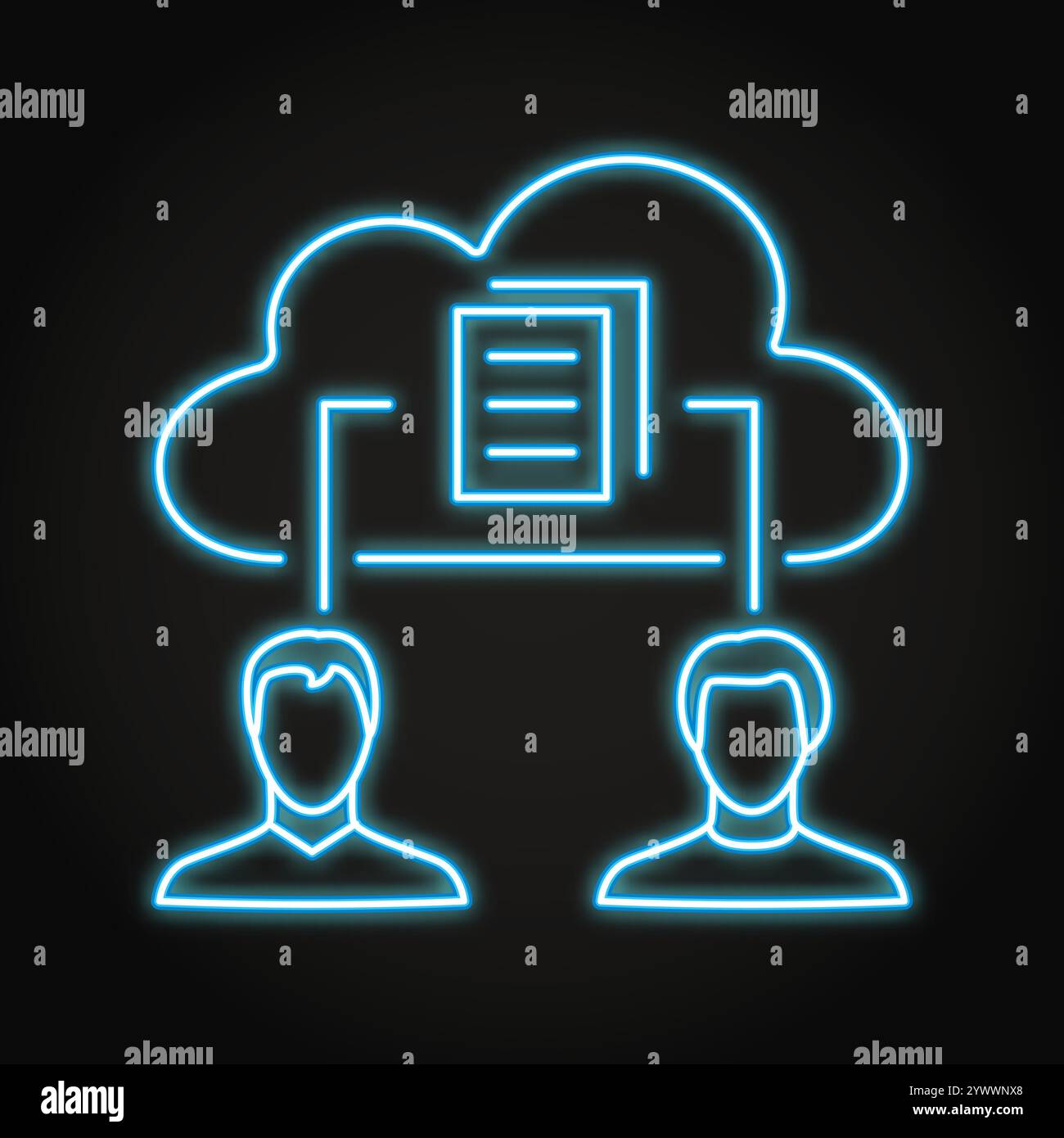 Cloud collaboration neon line icon. File sharing, document co-editing ...