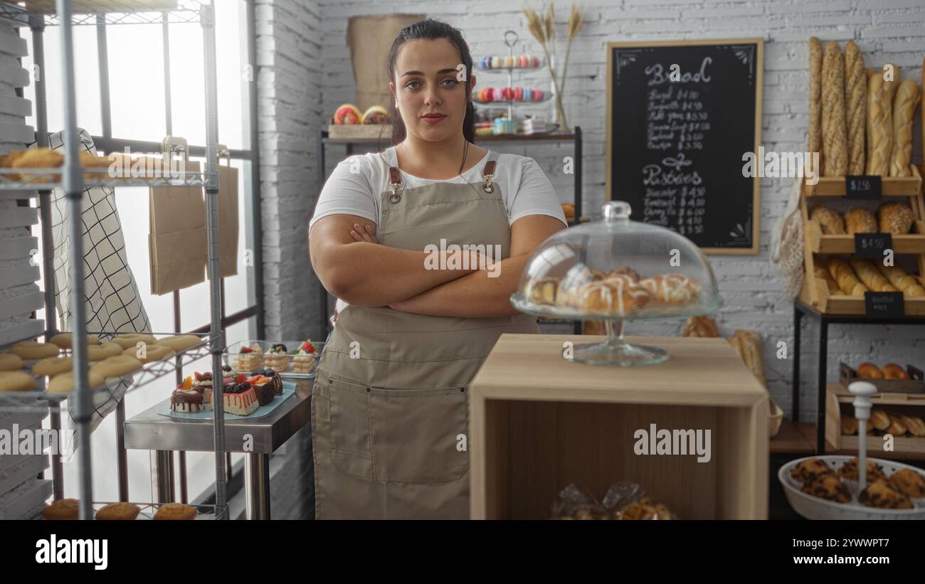 Female bakery worker standing confidently in a shop filled with bread ...