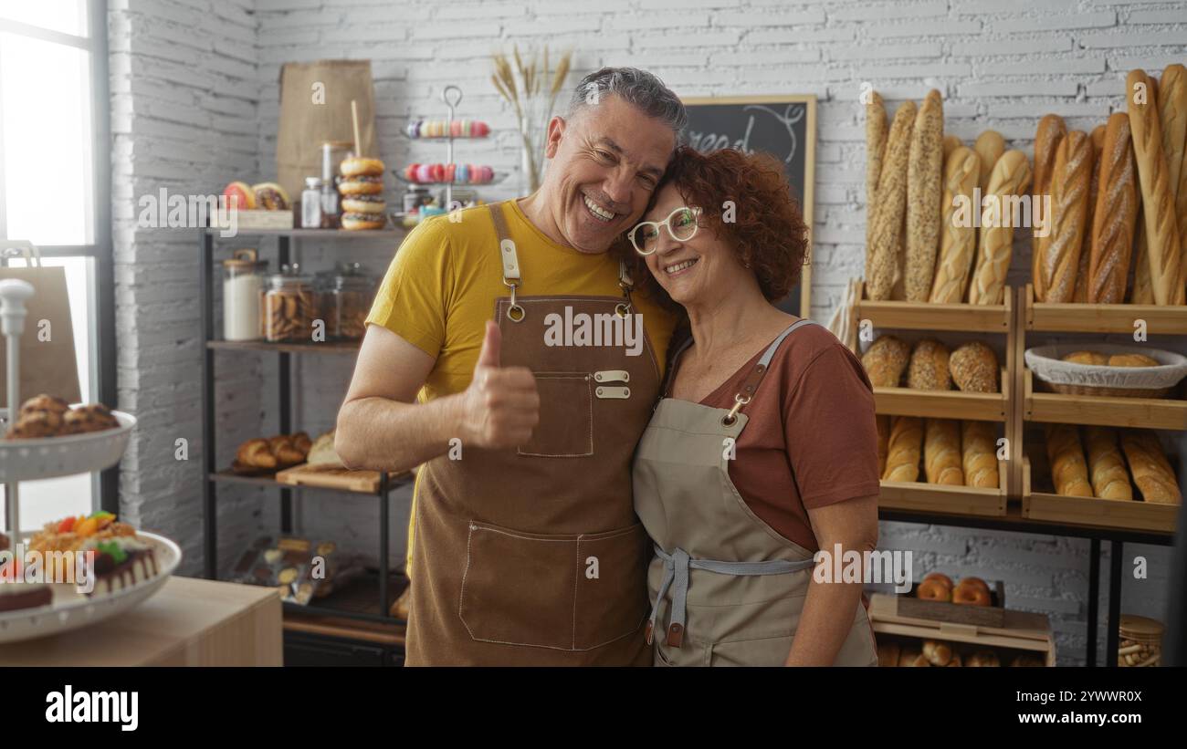 Baker man giving a thumbs up gesture while standing with a woman in a ...