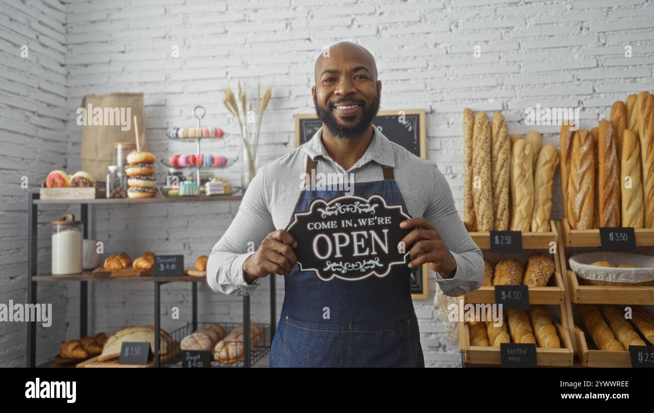 Young man holding open sign in bakery shop with shelves of bread and ...
