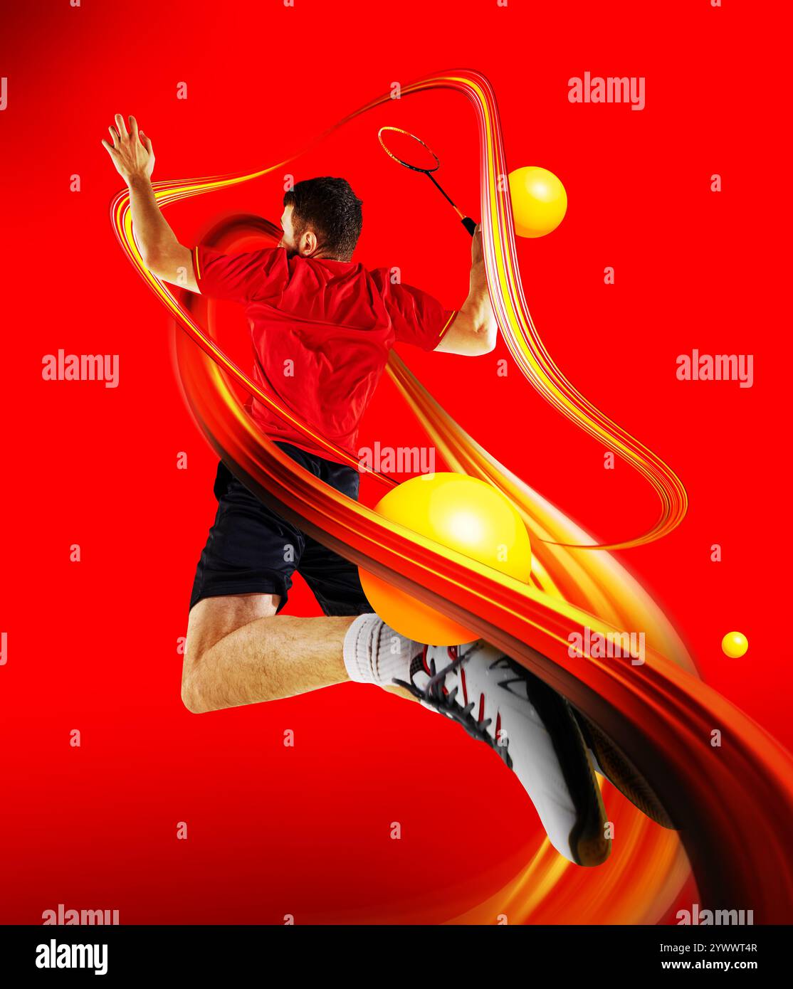 Contemporary art collage. Badminton player leaping mid-air with ...