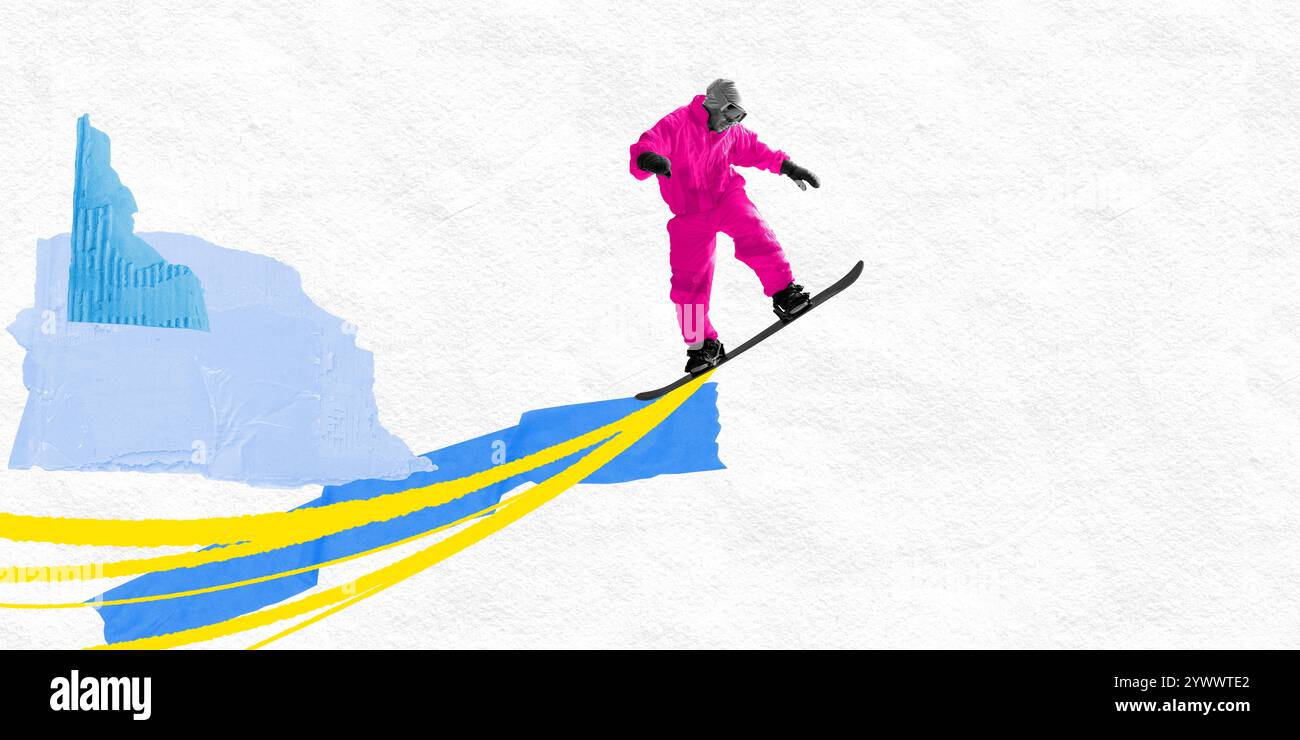 Contemporary art collage. Snowboarder pink bold orange attire executes ...