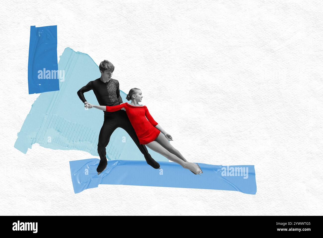 Contemporary art collage. Pair of ice dancers in elegant costumes ...