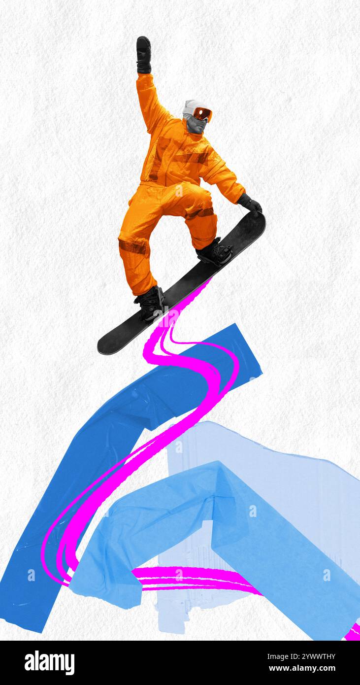 Contemporary art collage. Snowboarder in orange attire on board on ...