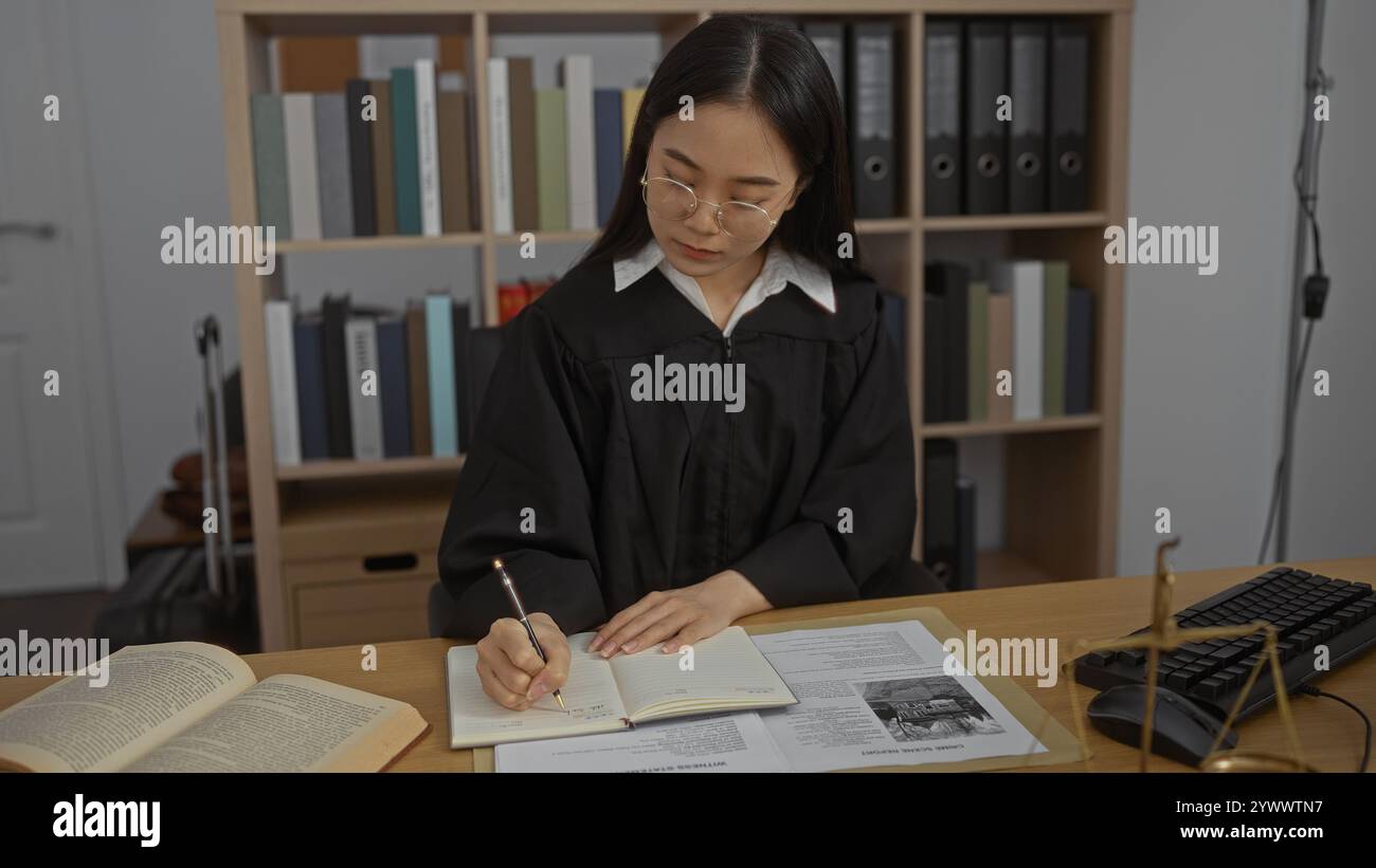 Female judge writing documents at desk in office room indoors with ...