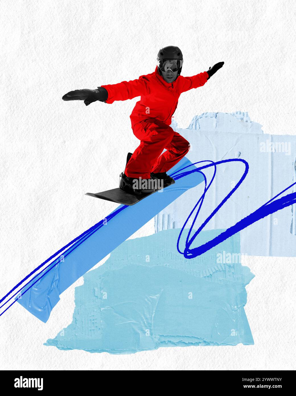 Contemporary art collage. Snowboarder in red outfit balancing mid-air ...