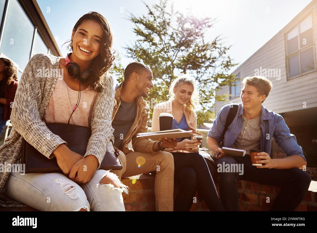 Portrait, students and low angle with woman in college for study group ...