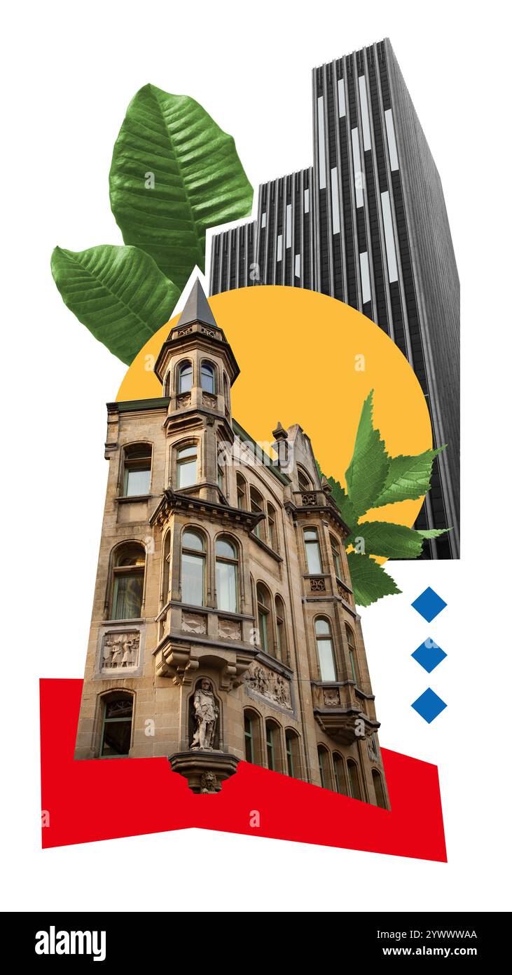Contemporary art collage. Neo-Gothic building with industrial modern ...