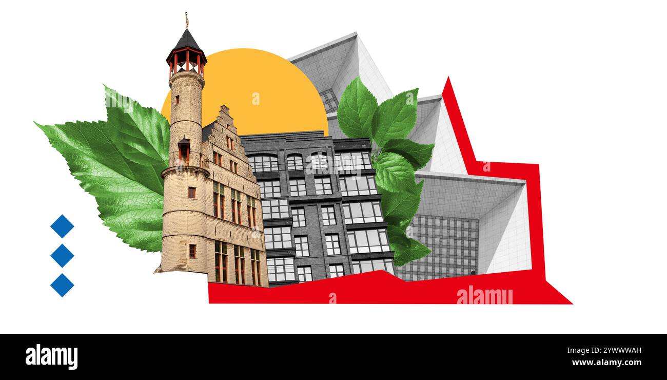 Contemporary art collage. Medieval castle, contemporary structures ...