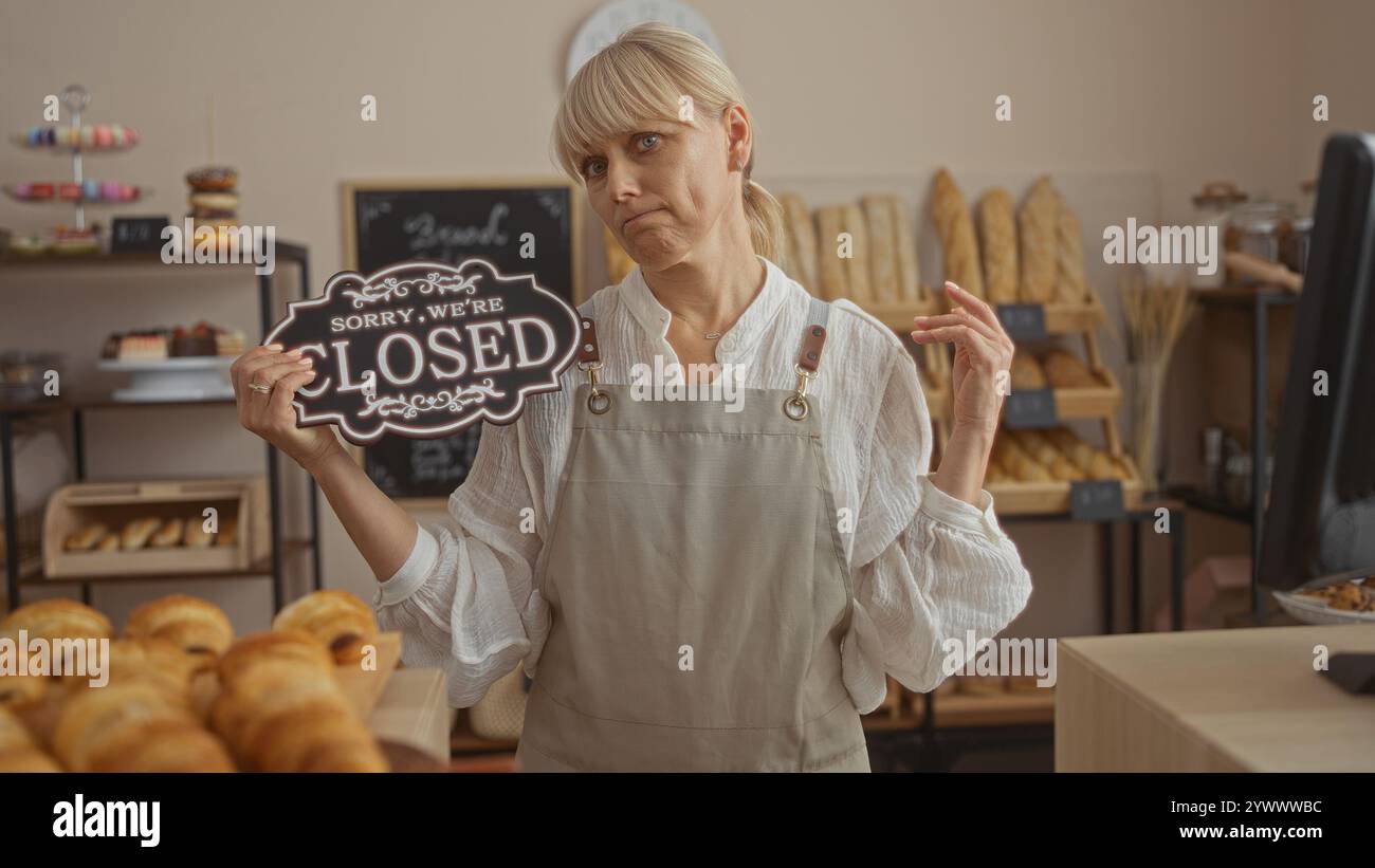 Female baker holding a closed sign in a bakery shop with various bread ...