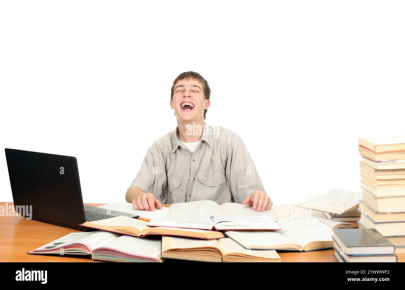 Happy Student Laughing on the School Desk. Isolated on the White ...