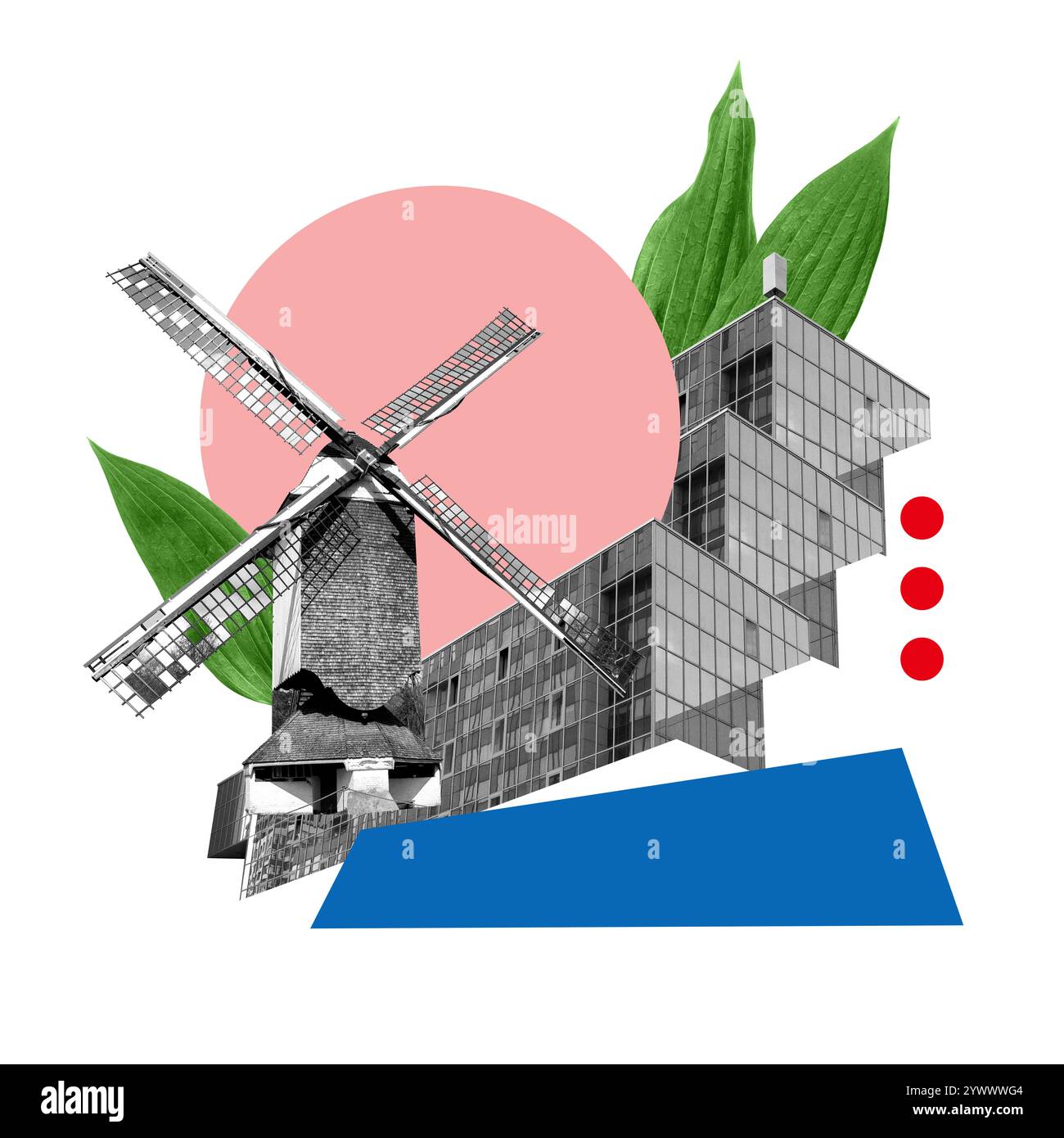 Contemporary art collage. Classic windmill intertwined with futuristic ...