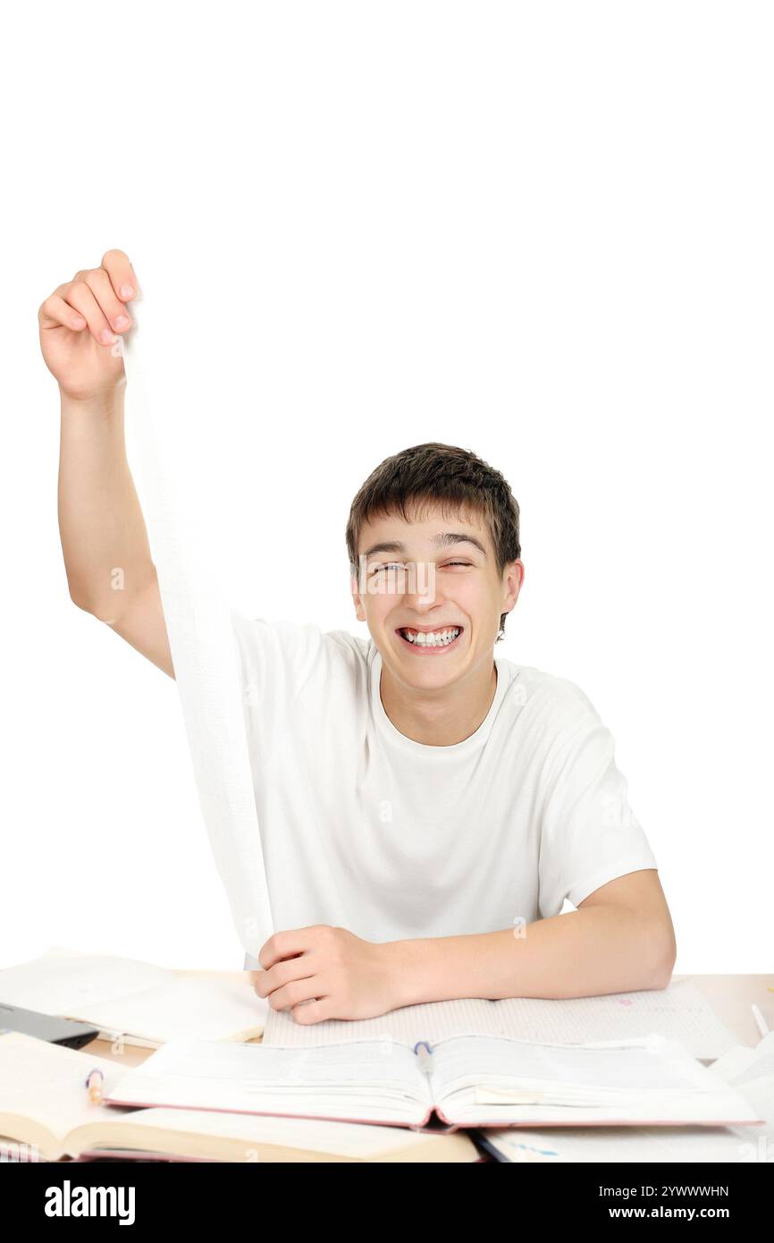 Student holds paper strip on the School Desk. Isolated on the White ...