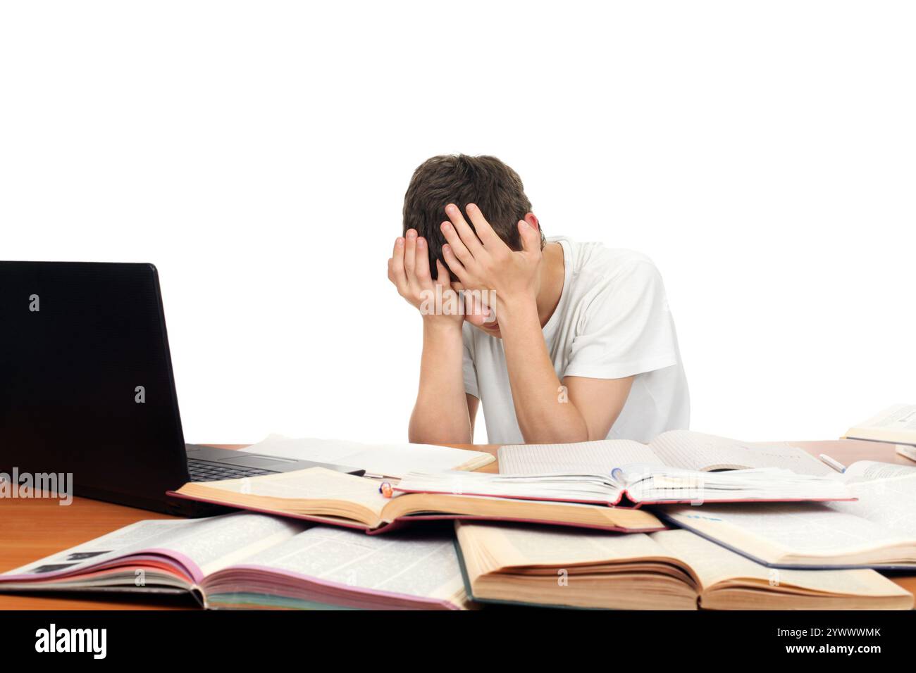 Sad Student on the School Desk hide his Face. Isolated on the White ...