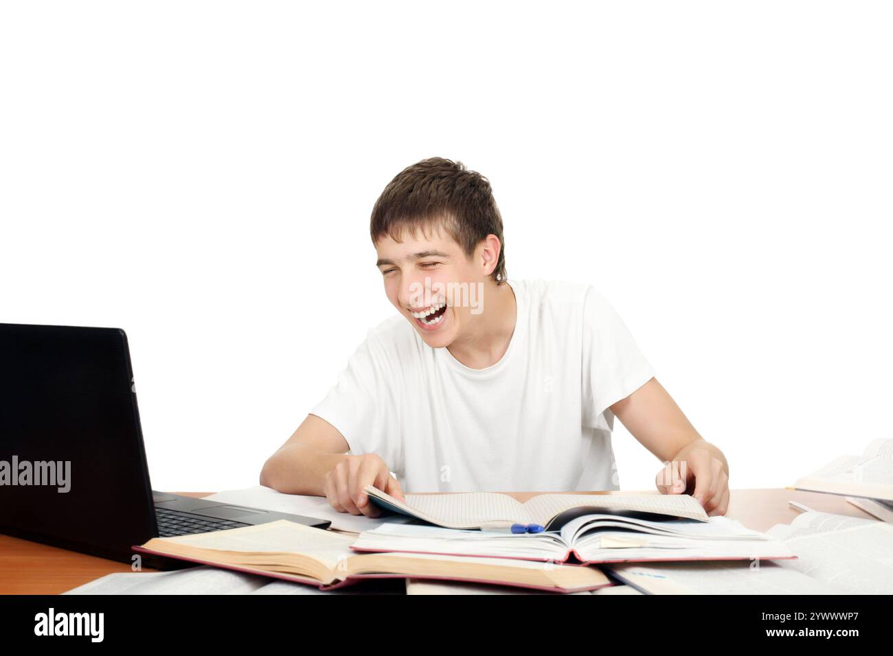 Happy Student Laughing on the School Desk. Isolated on the White ...