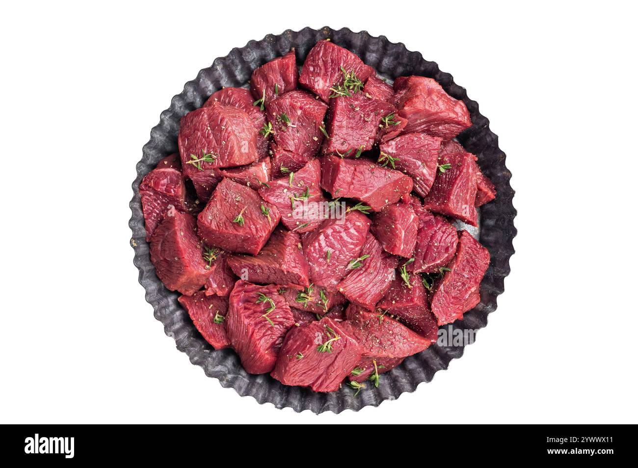 Raw Diced Elk meat with herbs and spices Isolated on white background ...
