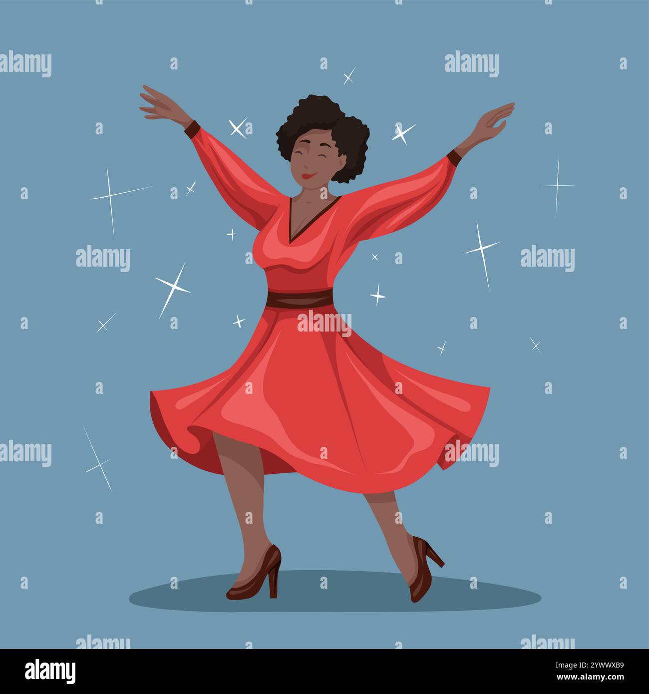 Vector illustration of happy dancing African woman in red dress ...