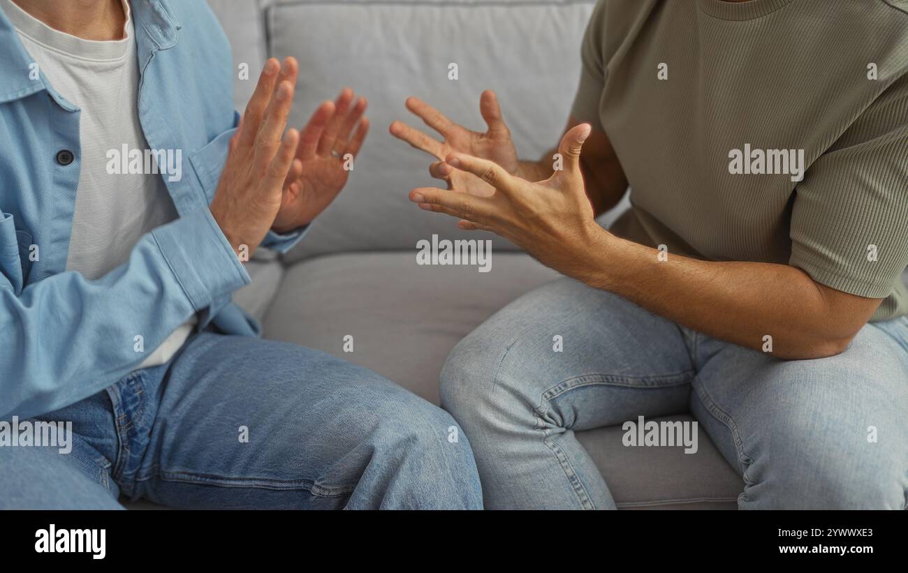 Men discussing while sitting on a couch indoors, highlighting emotions ...