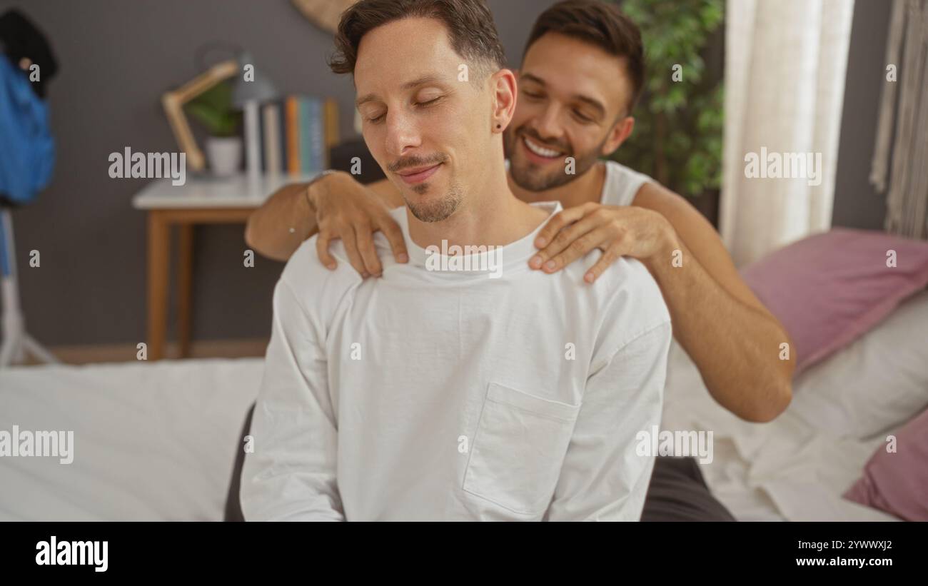 Two men sharing a tender moment in a bedroom, expressing love and ...