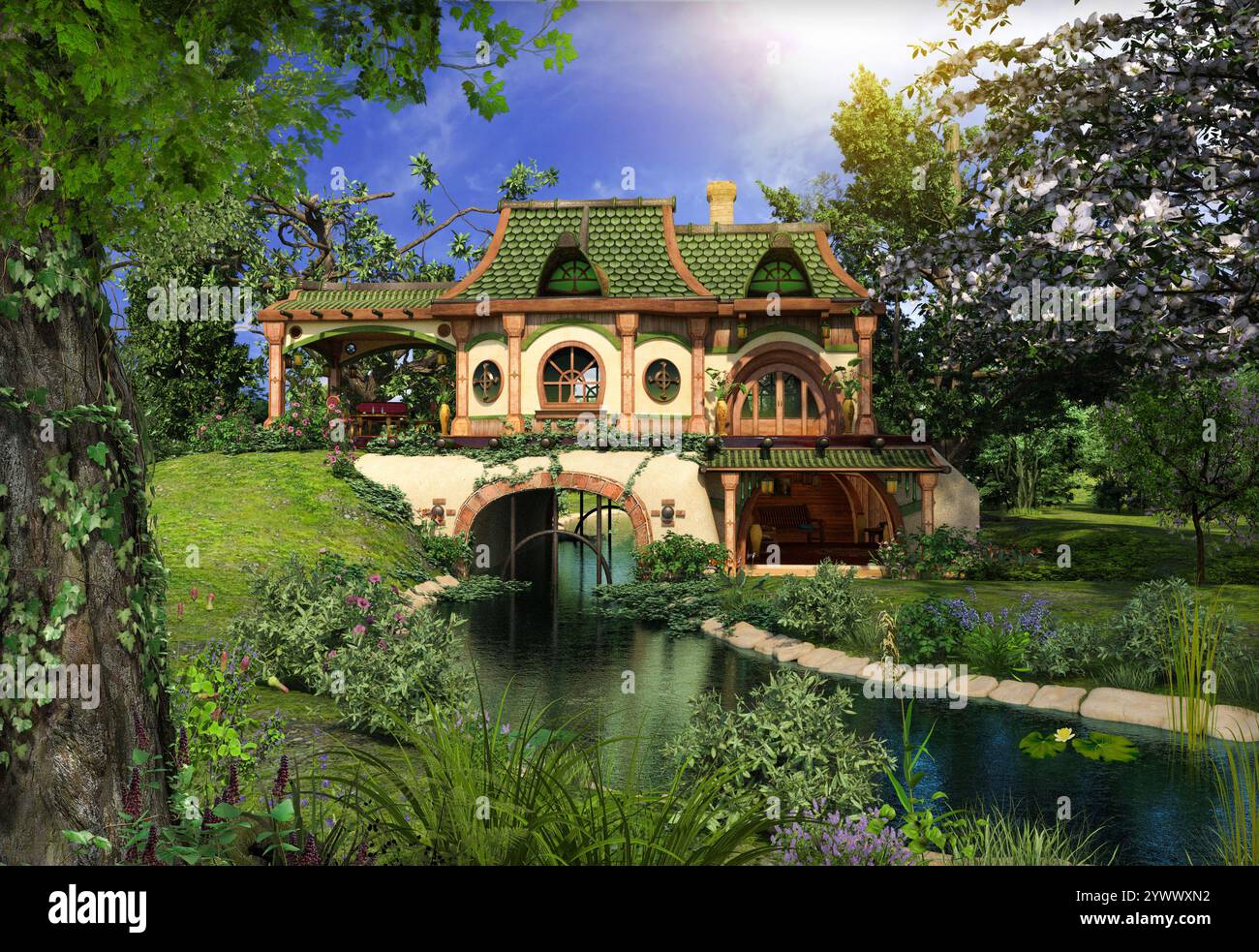 Enchanted view of a fairytale cottage in a magical landscape, 3d render ...
