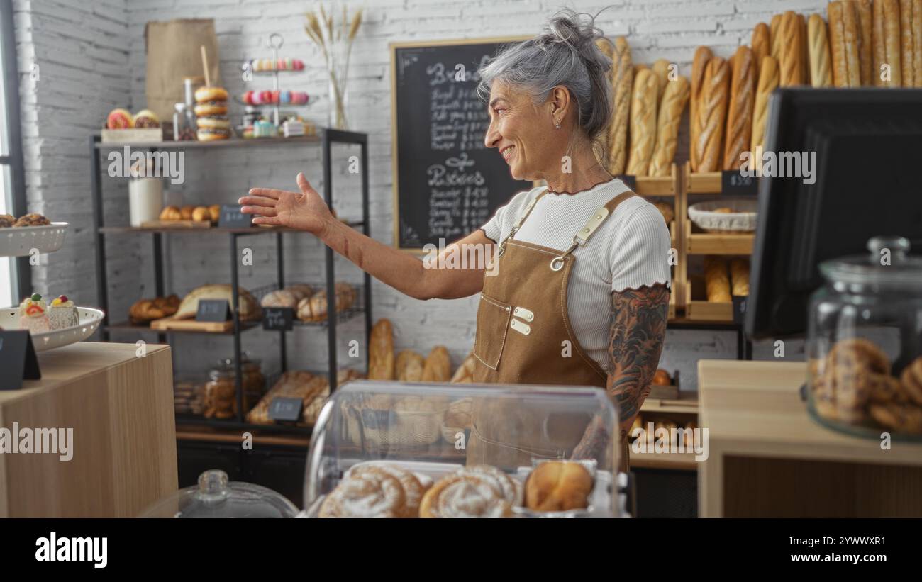 Grey-haired woman working in a bakery shop indoor with various bread ...
