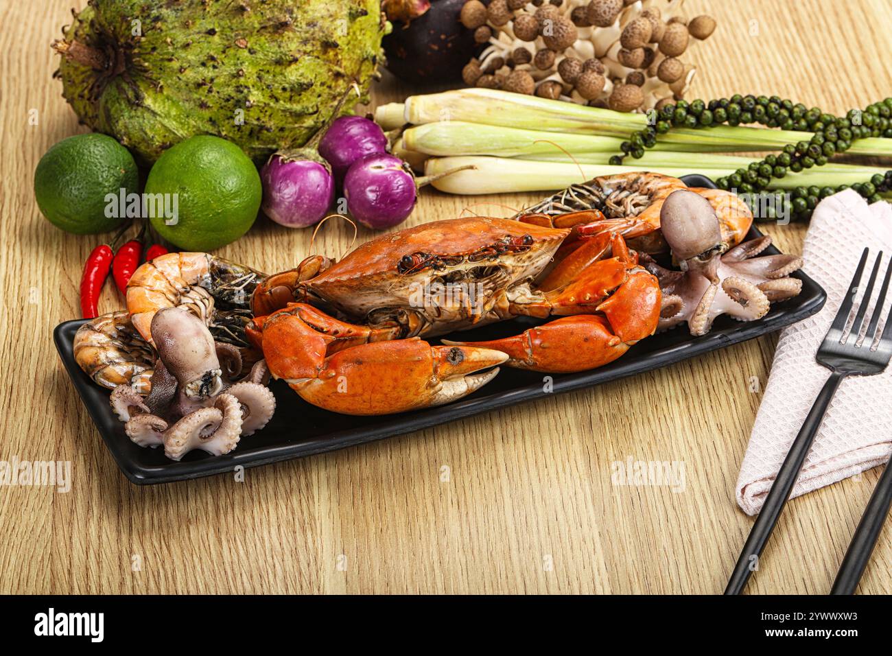 Luxury seafood mix - crab, tiger prawn, octopus Stock Photo - Alamy