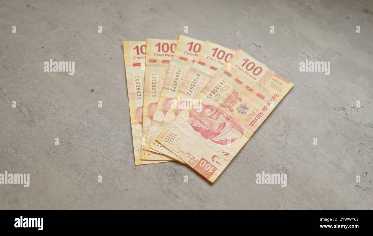 Mexican banknotes of 100 pesos are fanned out on a gray concrete ...