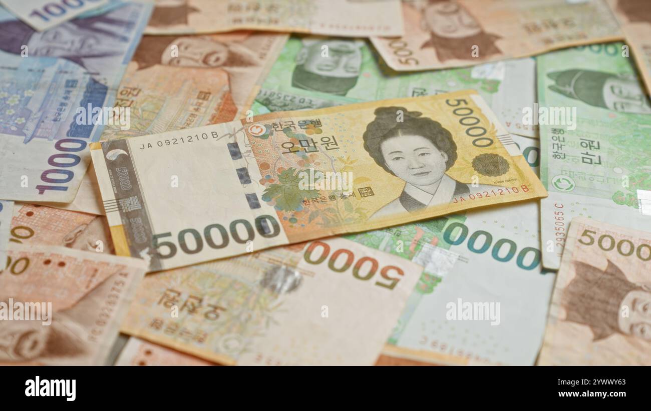 South korean banknotes featuring various denominations of won currency ...