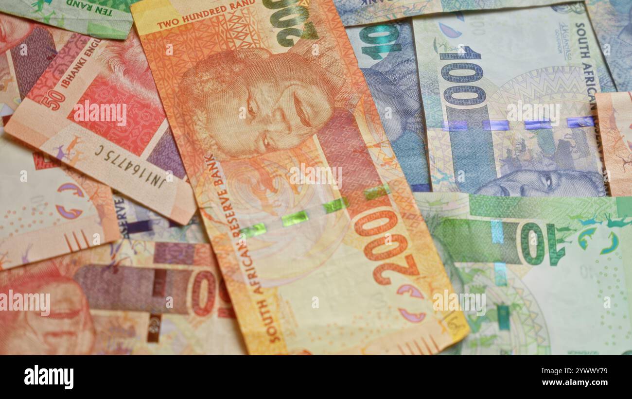 South african banknotes featuring mandela, including 200 rands, 100 ...