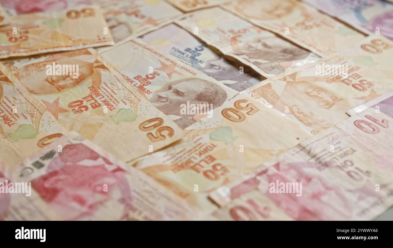 Closeup of various turkish lira banknotes showcasing the vibrant colors ...