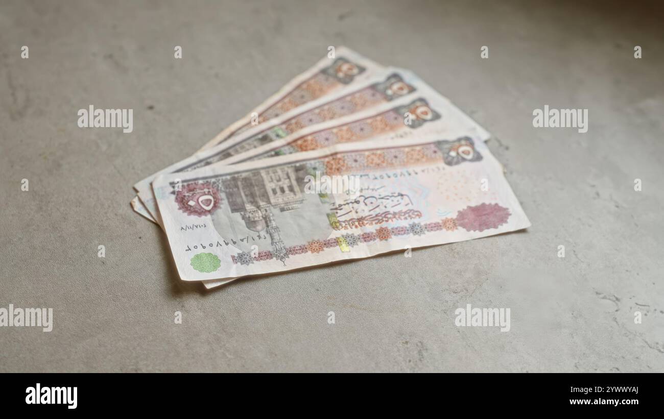 Egyptian banknotes on a concrete surface highlighting currency and ...