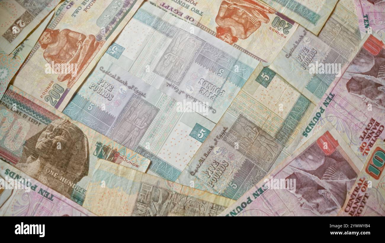 Egyptian banknotes of various denominations including 5, 10, 20, 100 ...