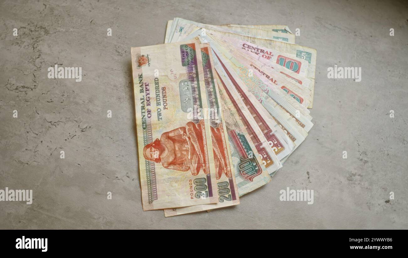 Egyptian banknotes spread out on a concrete surface, showcasing various ...