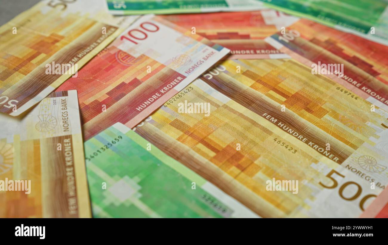 Norwegian banknotes in various denominations, including 100, 500, and ...