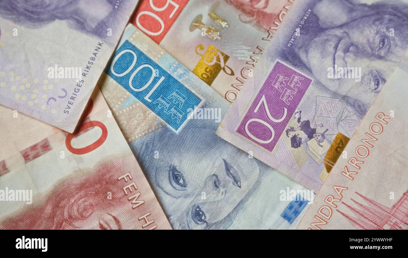 Swedish banknotes in various denominations display vibrant colors and ...