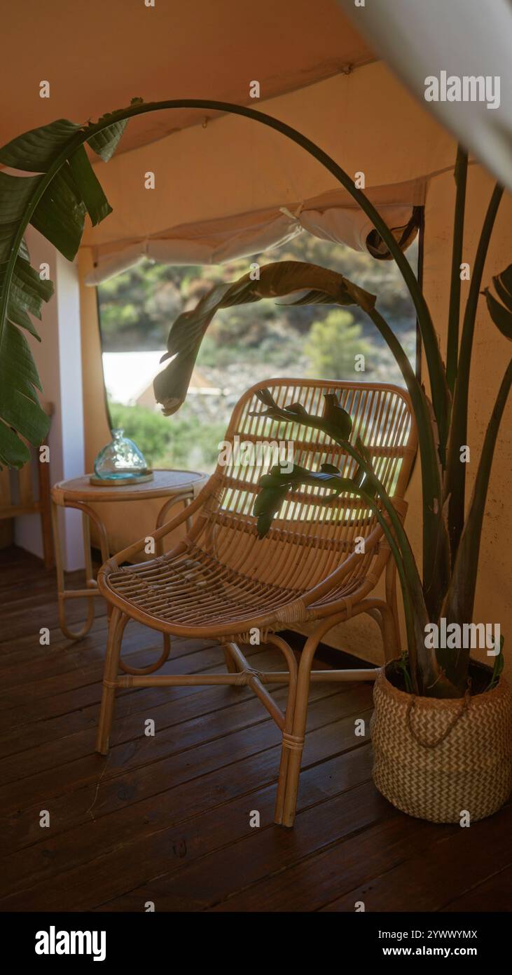 A serene rattan chair setup inside a tent in african nature, capturing ...